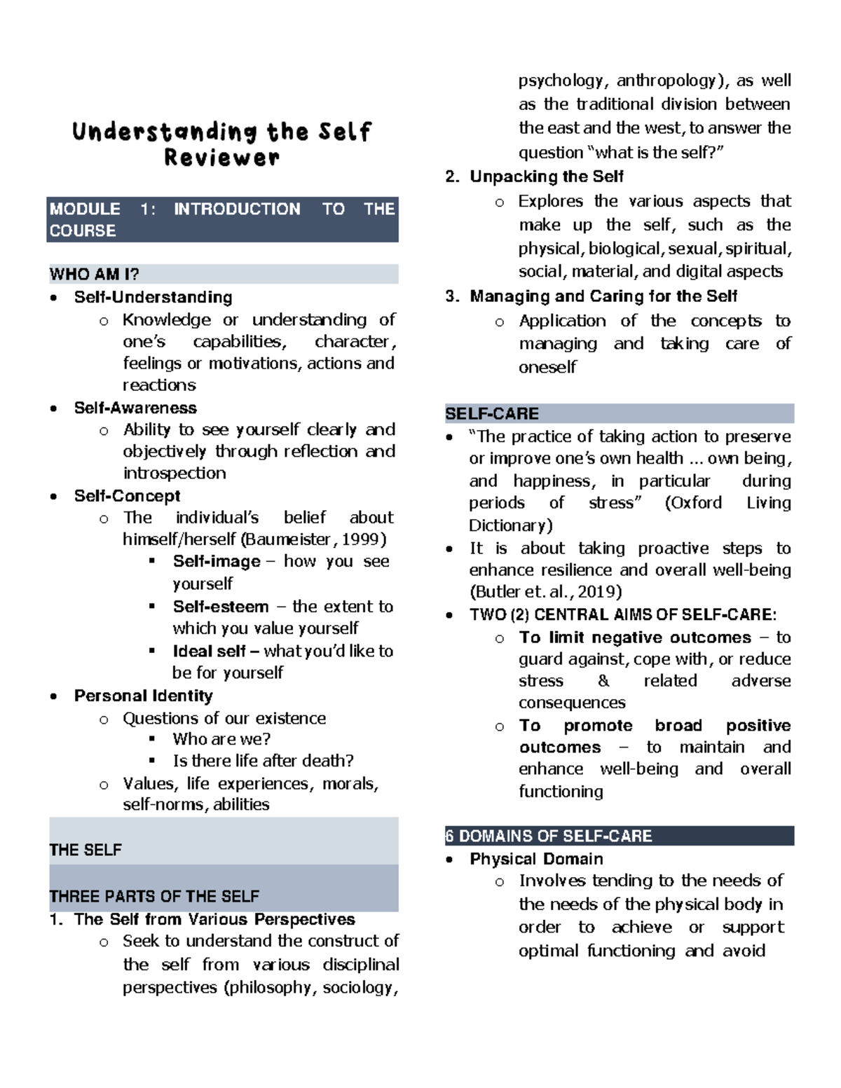UTS Midterms ALL Topics - MODULE COURSE 1: INTRODUCTION TO THE WHO AM I? Self-Understanding o ...
