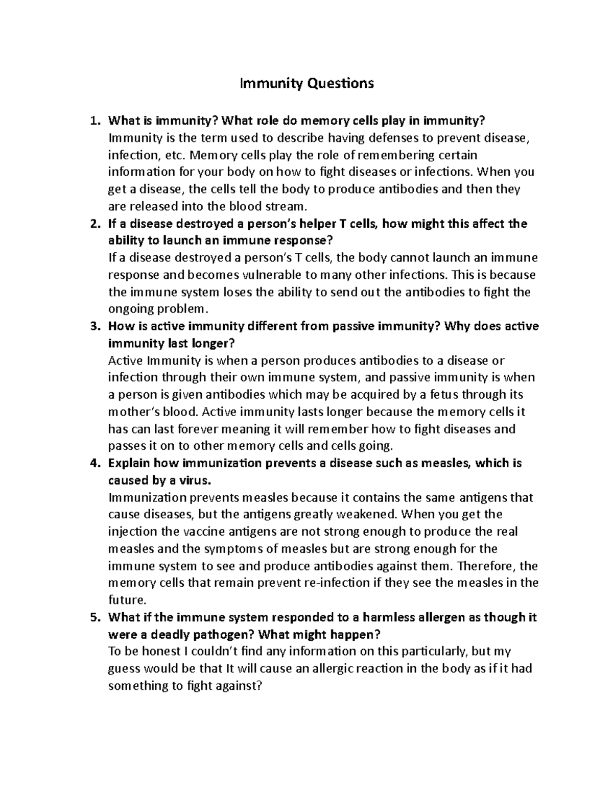 Immunity Questions - What is immunity? What role do memory cells play ...