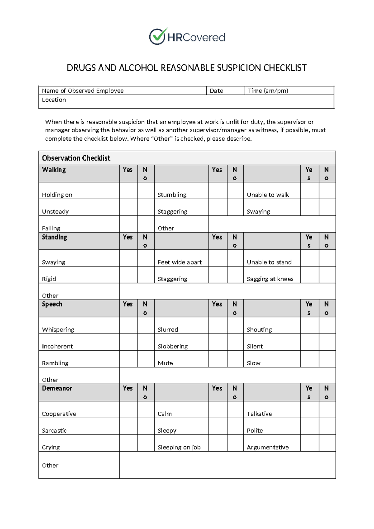 Drugs and Alcohol Reasonable Suspicion Checklist - ON - DRUGS AND ...