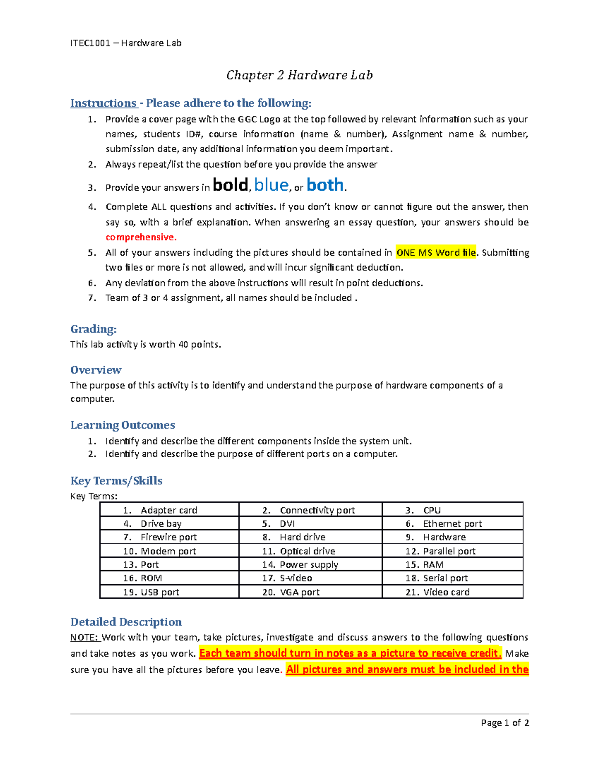 Ch2 - Hardware Lab - ITEC1001 – Hardware Lab Chapter 2 Hardware Lab ...