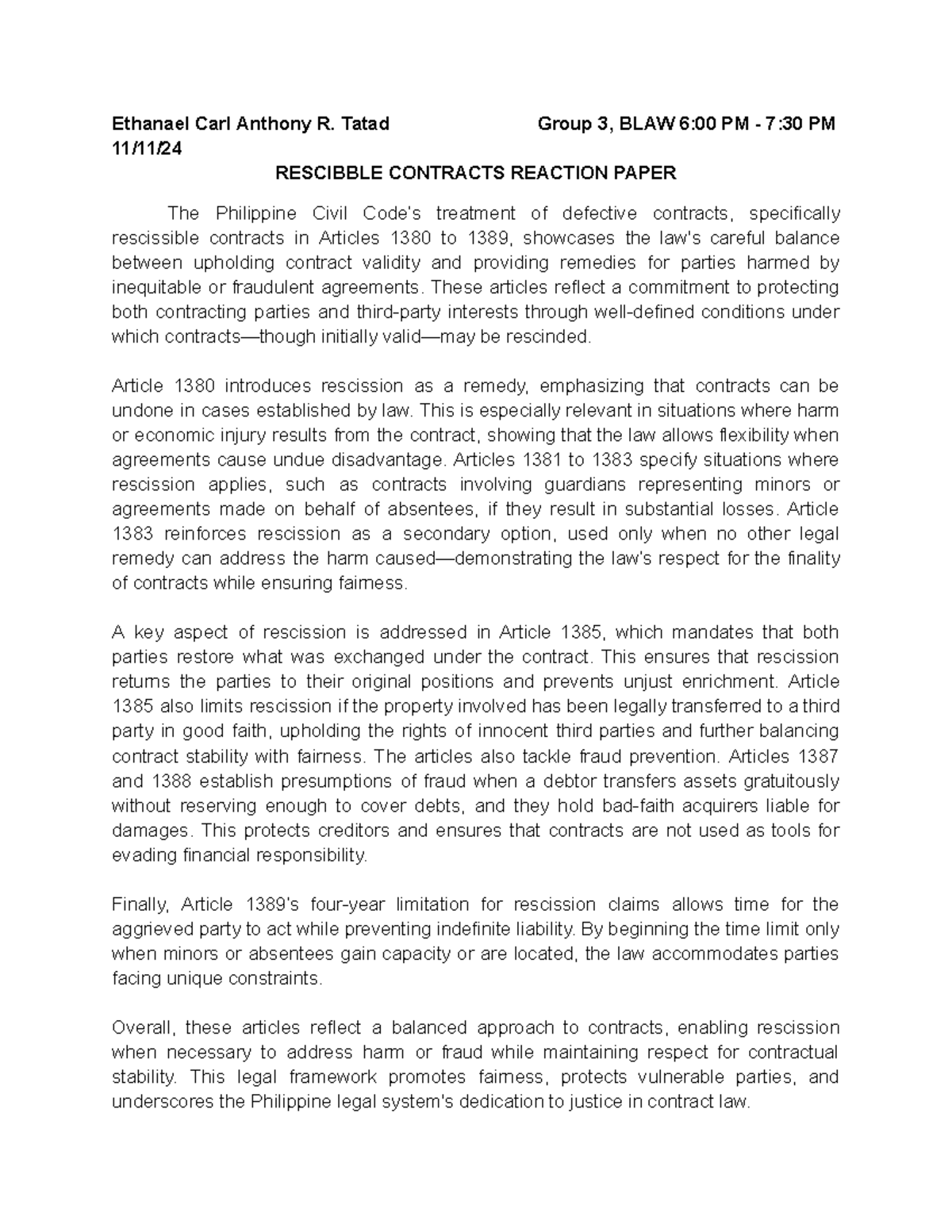 Rescissible Contracts Reaction Paper - Ethanael Carl Anthony R. Tatad ...