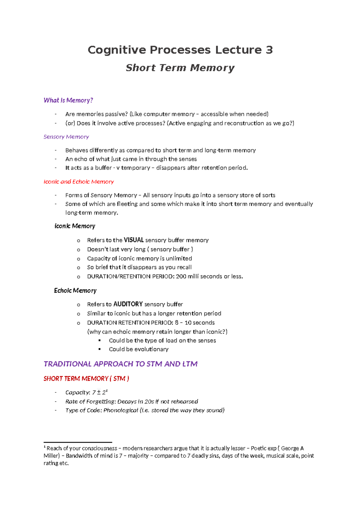 Cognitive Processes Lecture 3 - Iconic and Echoic Memory - Forms of Sensory Memory – All sensory ...