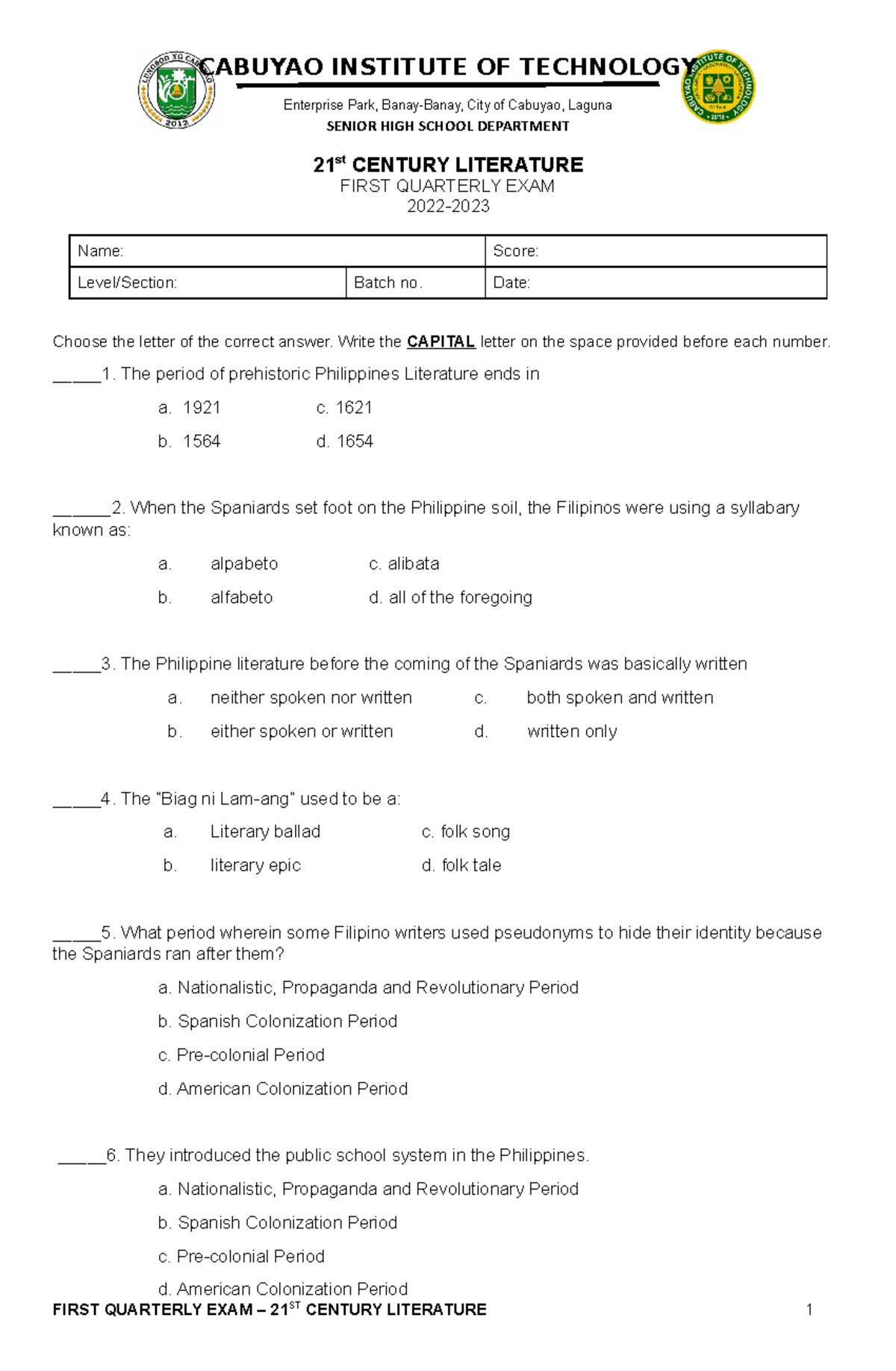 21st century exam 1st QT - Enterprise Park, Banay-Banay, City of ...