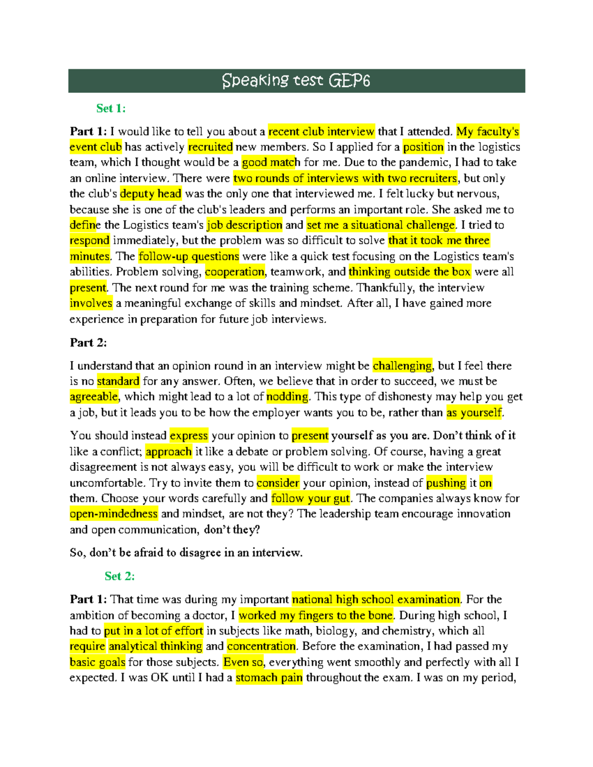 Speaking test GEP6 - Grade: 6 - Speaking test GEP Set 1: Part 1: I ...