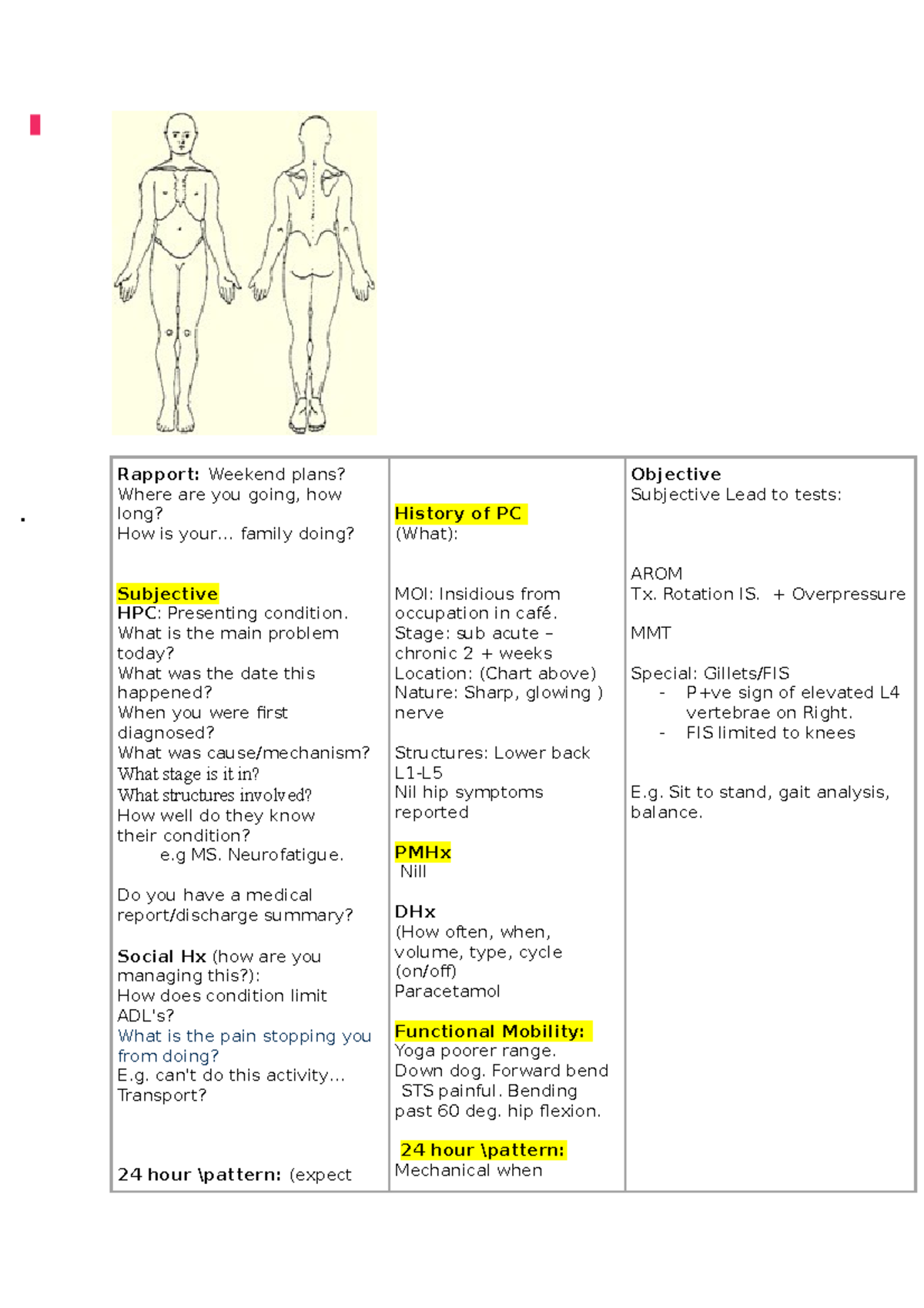 MSK Assessment template - Rapport: Weekend plans? Where are you going ...