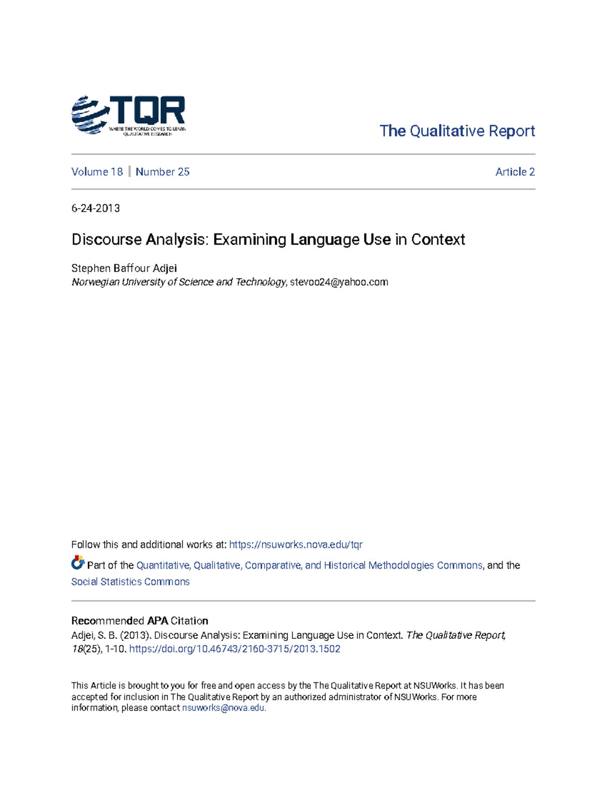 Discourse Analysis Examining Language Use in Context - nova/tqr Part of the Quantitative, - Studocu