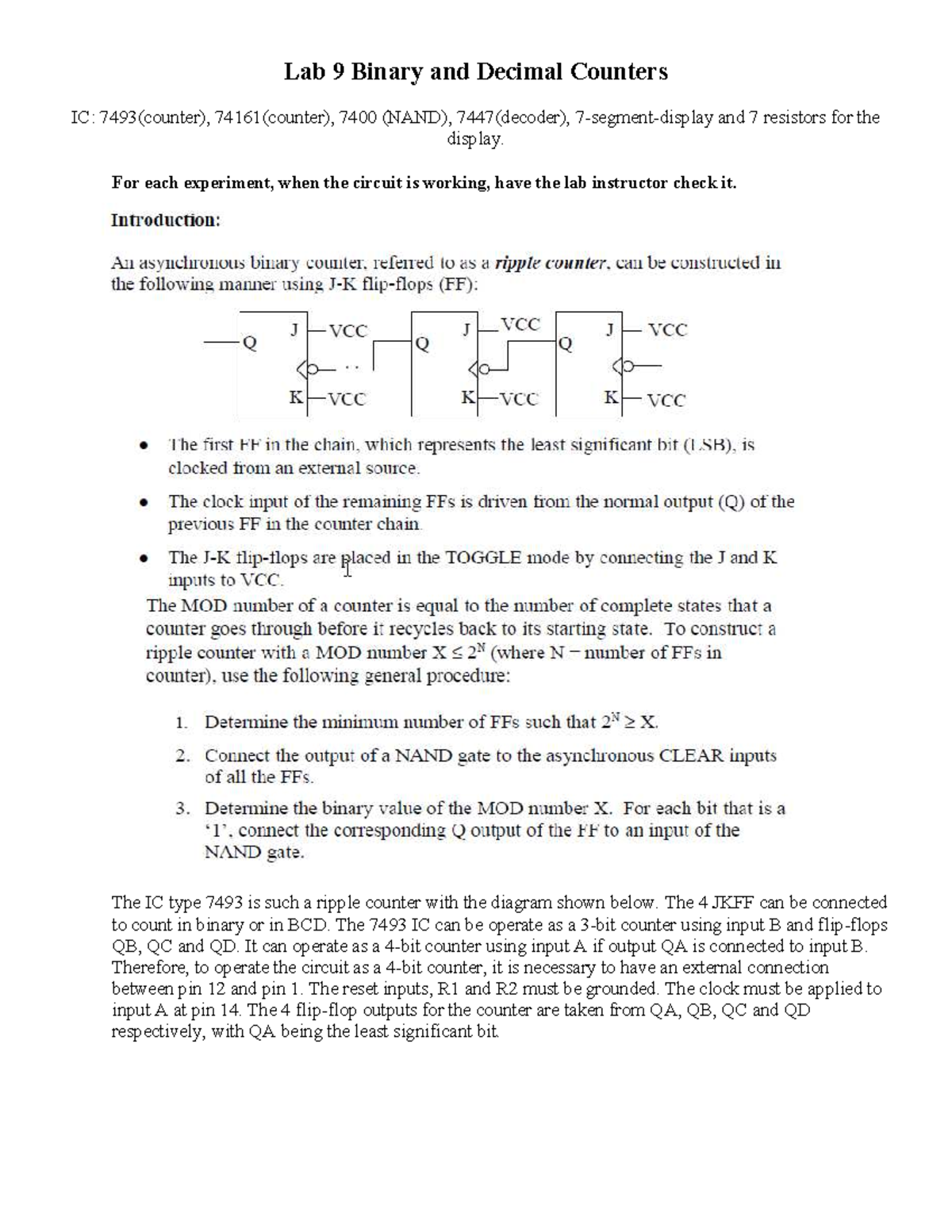 Lab9 - Lab report - Lab 9 Binary and Decimal Counters IC: 7493(counter), 74161(counter), 7400 ...