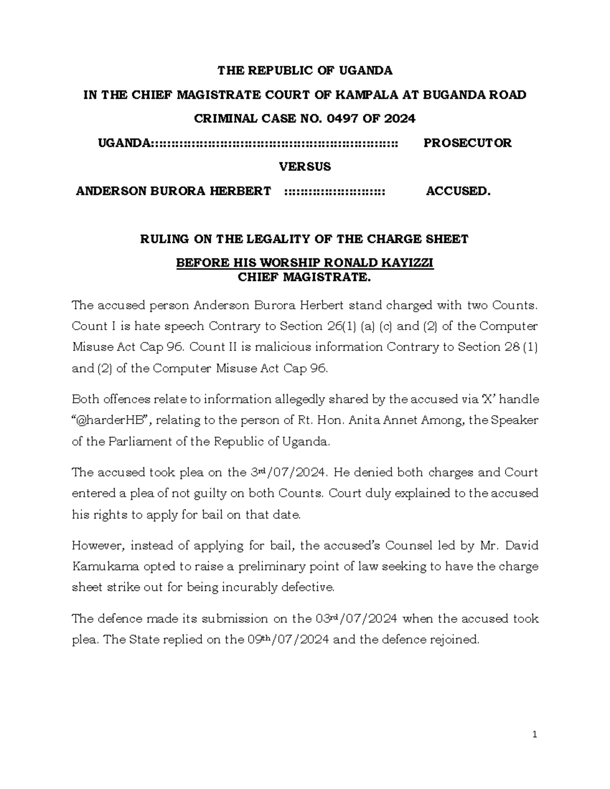 Ruling ON Legality OF THE Charge Sheet Burora - THE REPUBLIC OF UGANDA ...