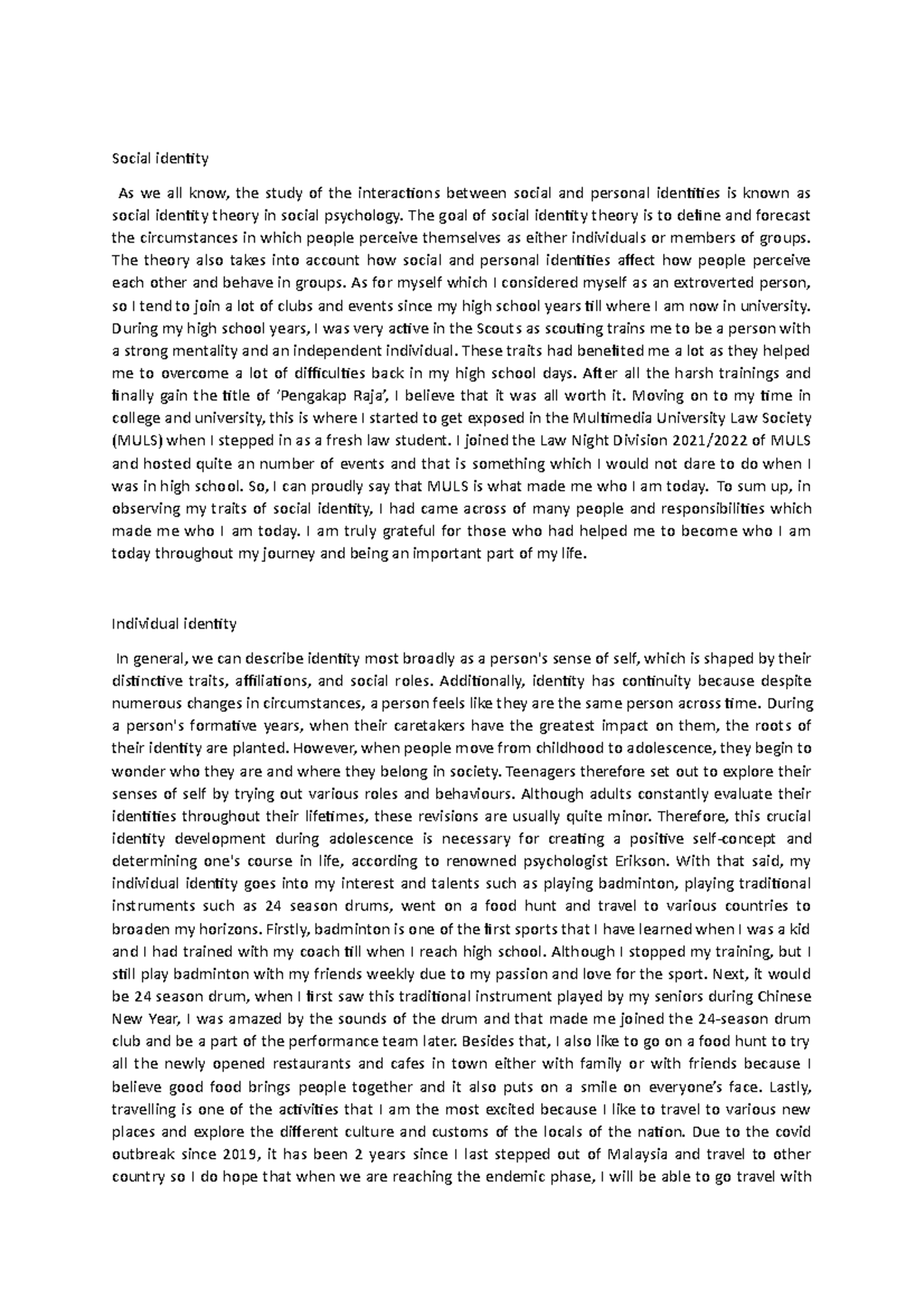 Cultural Identity - assignment - Social identity As we all know, the ...