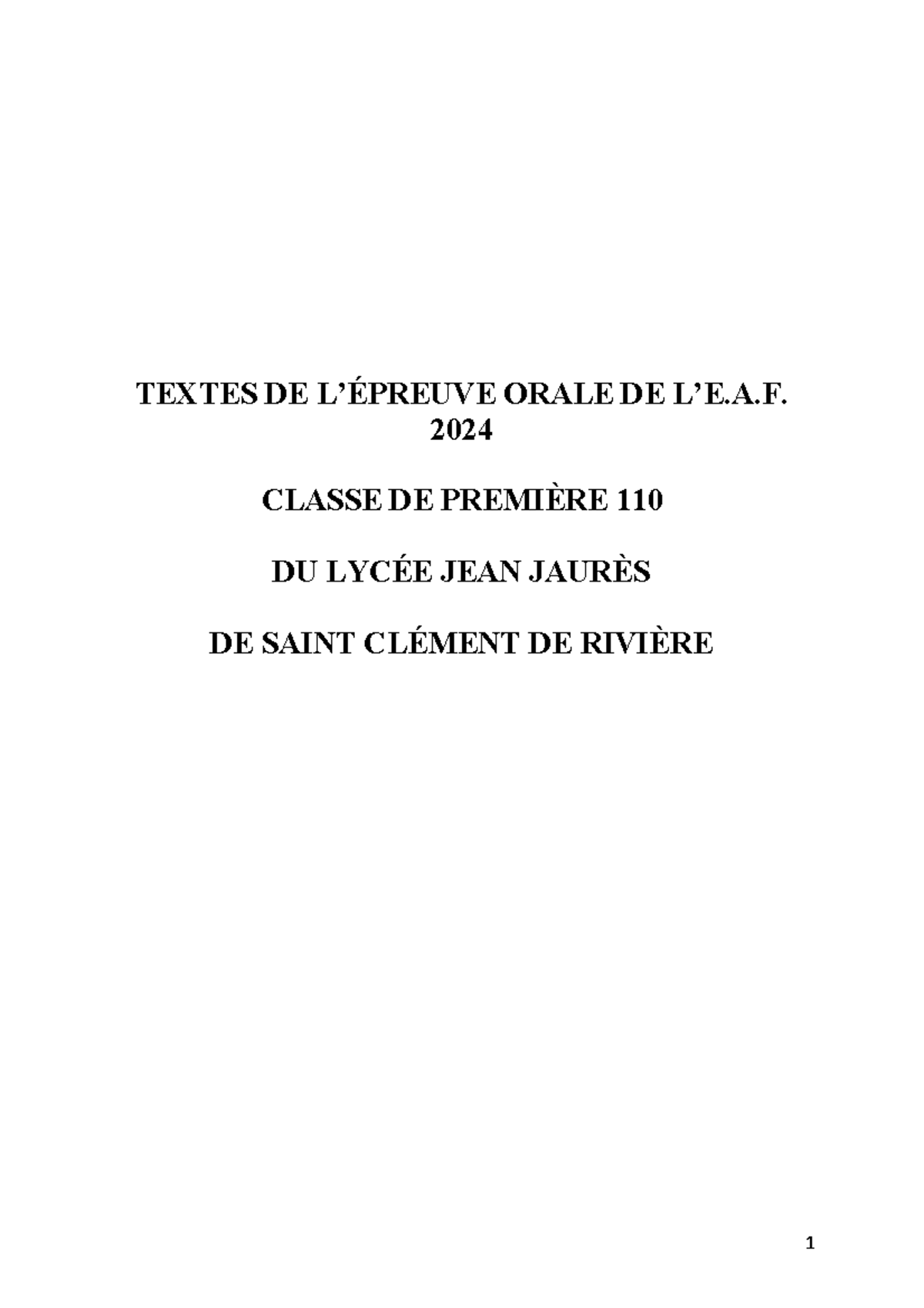 Textes BAC 2024 Premiere 110 - TEXTES DE L’ÉPREUVE ORALE DE L’E.A. 2024 ...