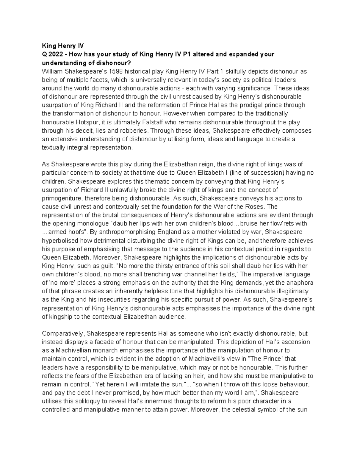 King Henry IV 2022 hsc - King Henry IV Q 2022 - How has your study of ...