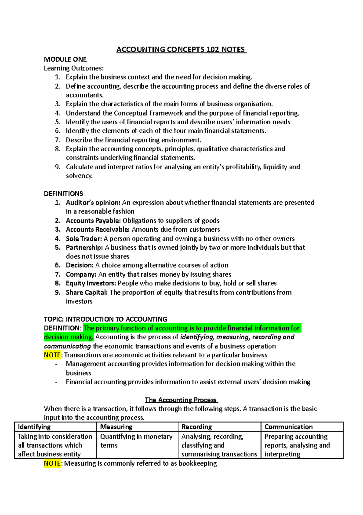 Accounting Concepts 102 Notes - ACCOUNTING CONCEPTS 102 NOTES MODULE ...