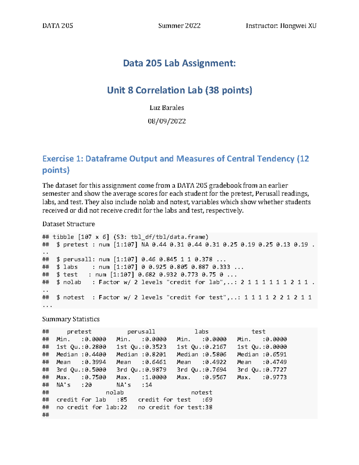 Lab 8 final - Data 205 Lab Assignment: Unit 8 Correlation Lab (38 points) Luz Barales 08/09 ...