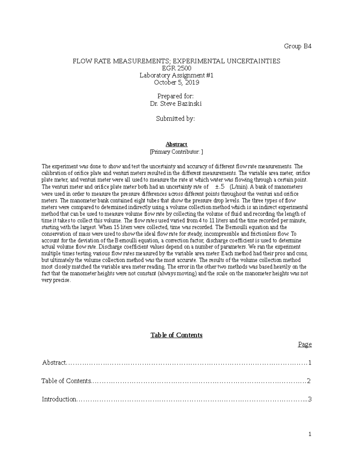 Laboratory 1 Assignment - Group B FLOW RATE MEASUREMENTS; EXPERIMENTAL ...
