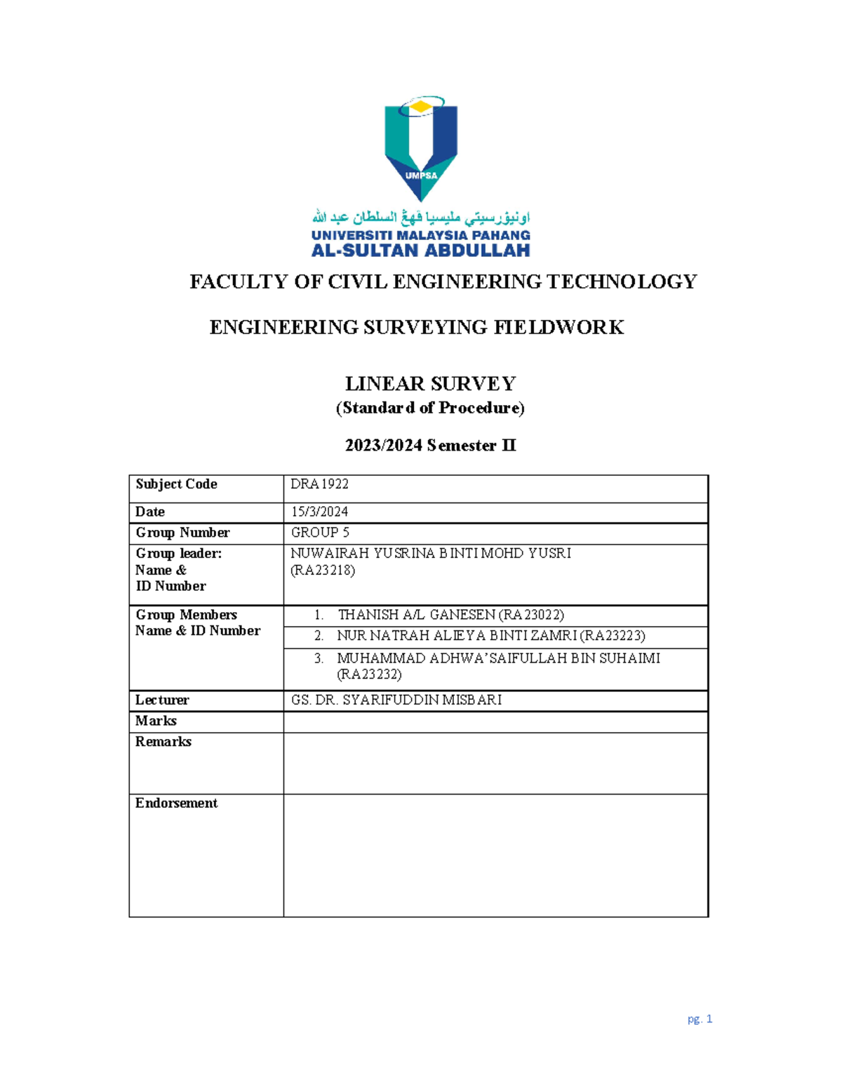 G5 A12 Linear Surveying - FACULTY OF CIVIL ENGINEERING TECHNOLOGY ...
