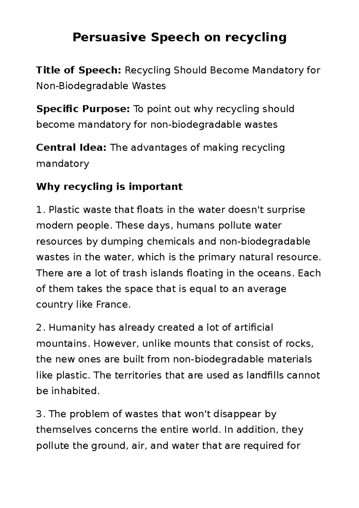 Why Recycling Should Be Mandatory Speech Outline Persuasive Speech On