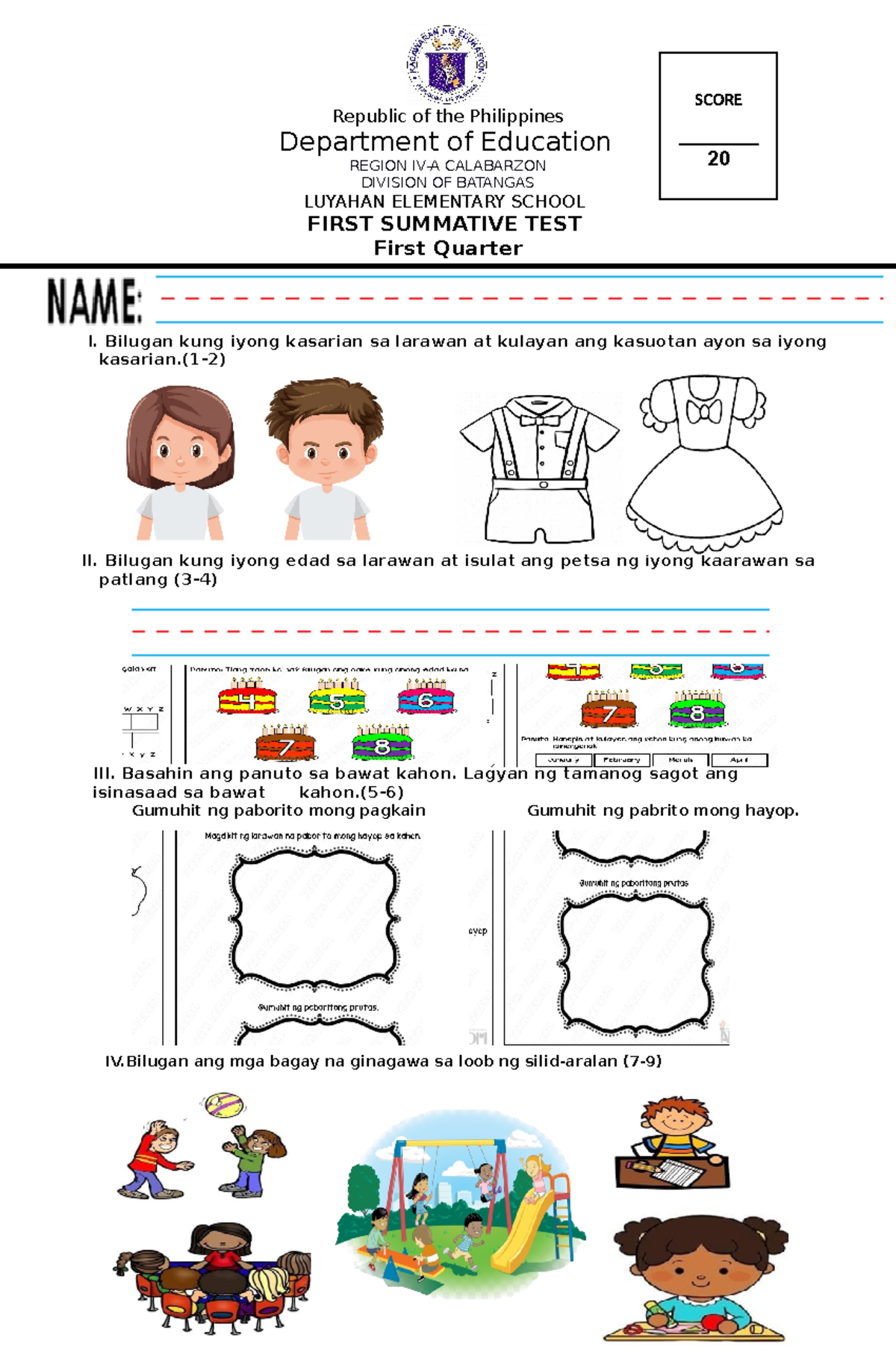 Q1 First Assesment - kindergarten exam - Republic of the Philippines ...