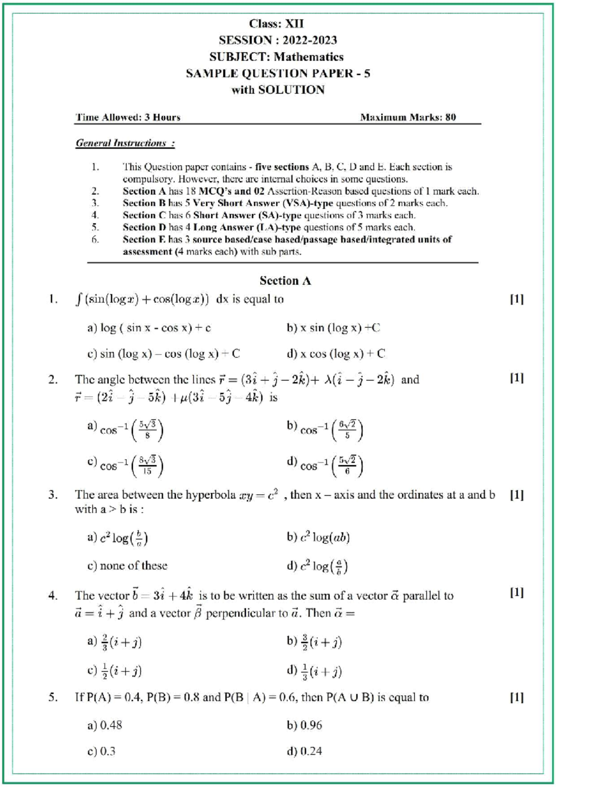 Sample Paper Maths 15 - Mathematics-I - Studocu