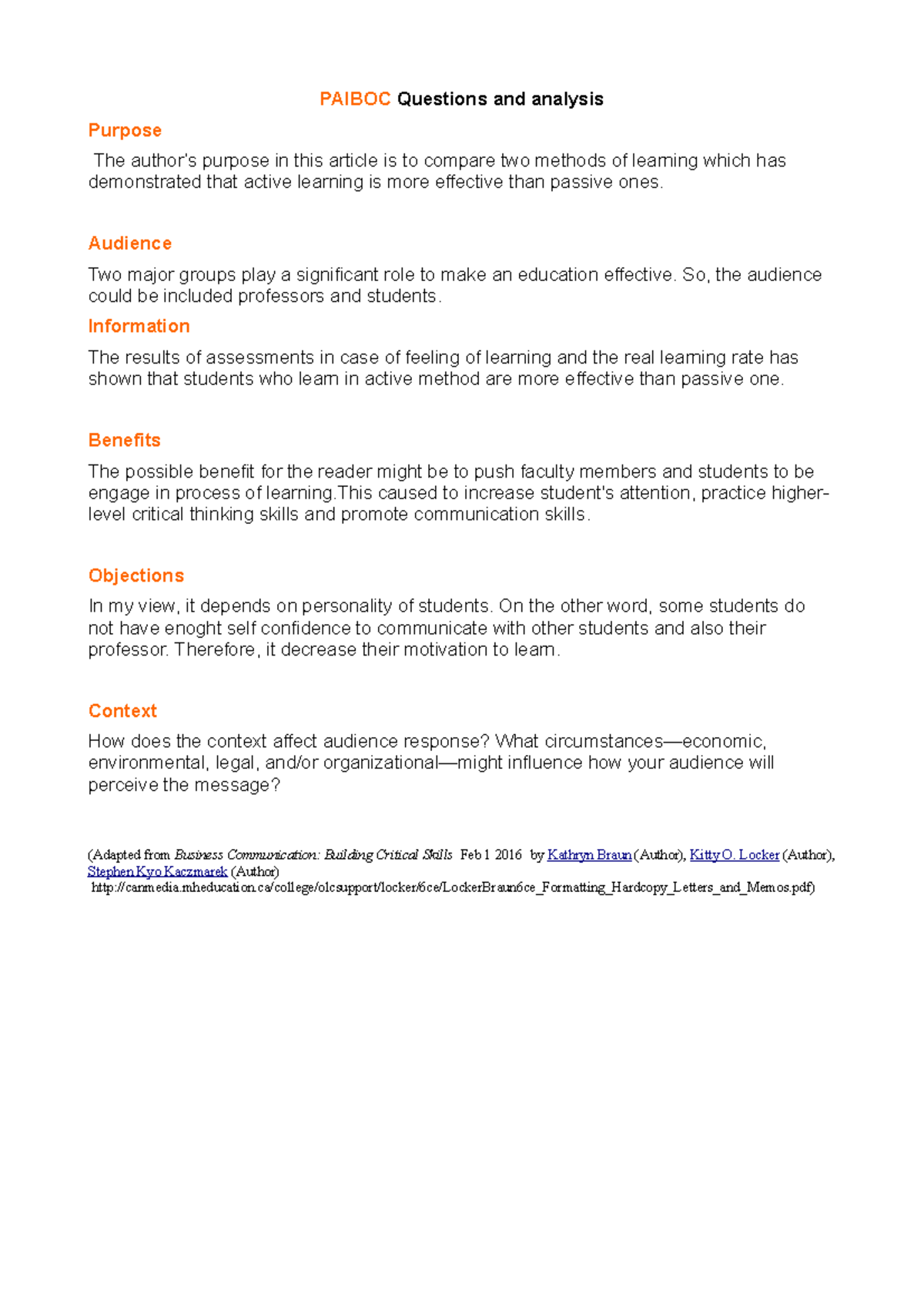 Paiboc questions and analysis - PAIBOC Questions and analysis Purpose ...