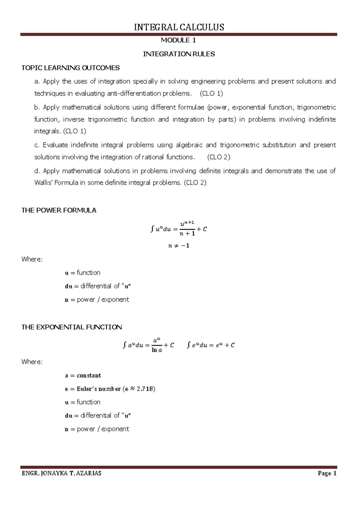 1 - ...... - INTEGRAL CALCULUS ENGR. JONAYKA T. AZARIAS Page 1 MODULE 1 INTEGRATION RULES TOPIC ...