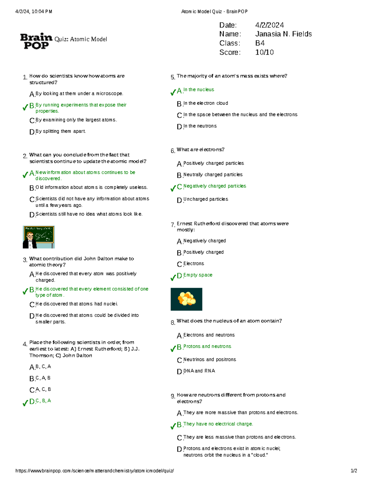 Atomic Model Quiz - Brain POP - 4/2/24, 10:04 PM Atomic Model Quiz ...