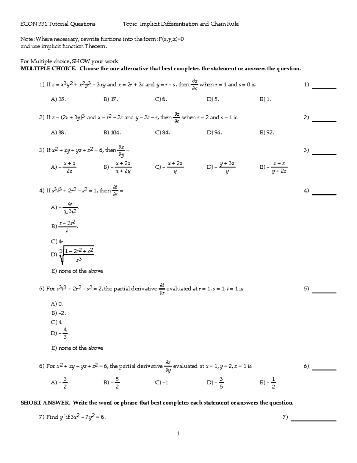 Implicit differentiation and multivariable chain rule - ECON 331 ...