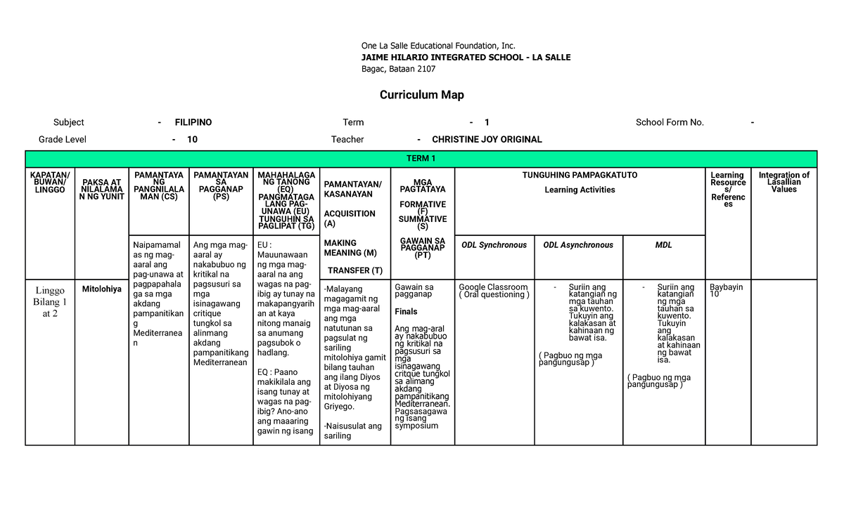 2122-CM-FN10 - Curriculum map Grade 10 - One La Salle Educational ...