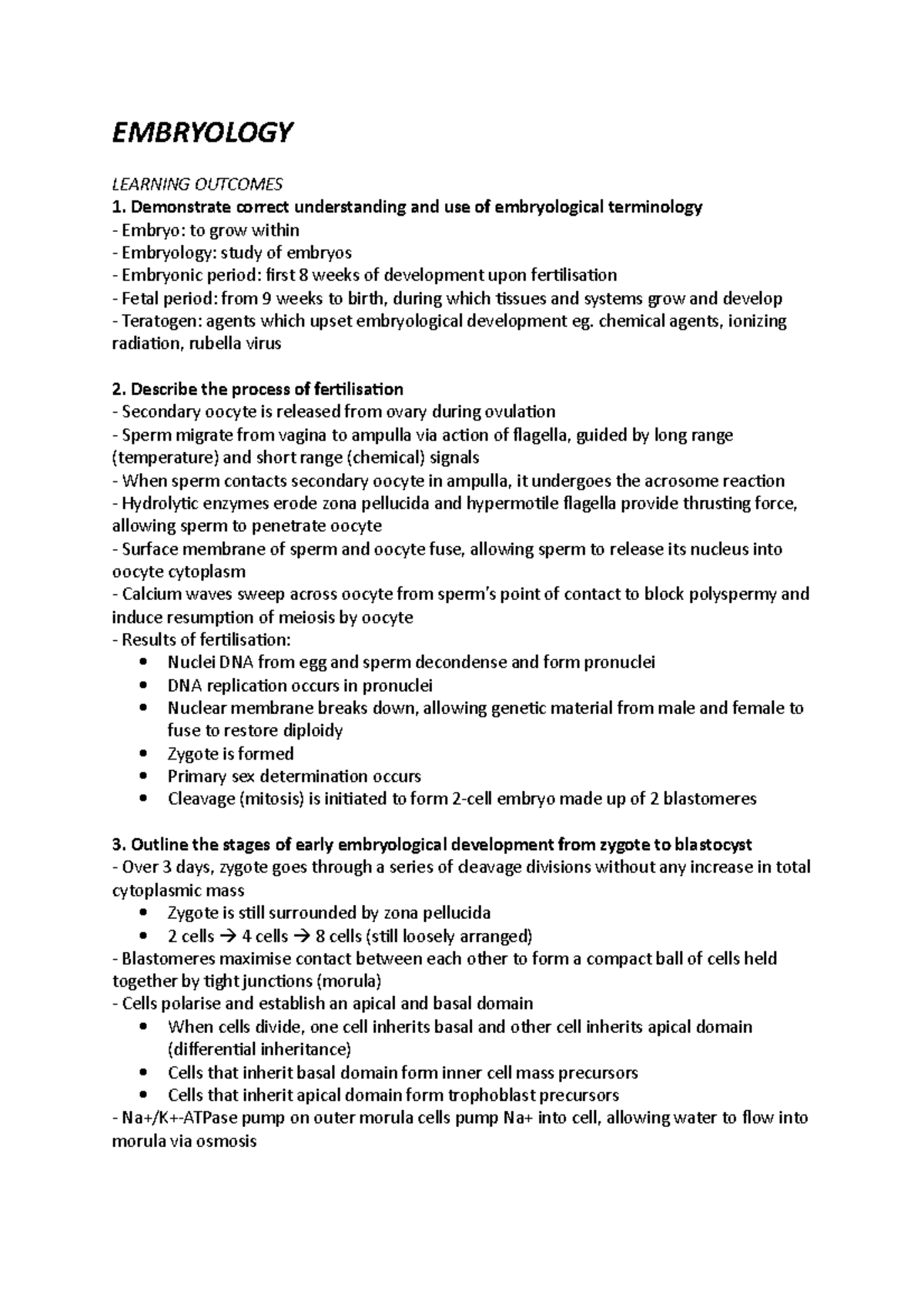 8. Embryology - Lecture notes - EMBRYOLOGY LEARNING OUTCOMES ...