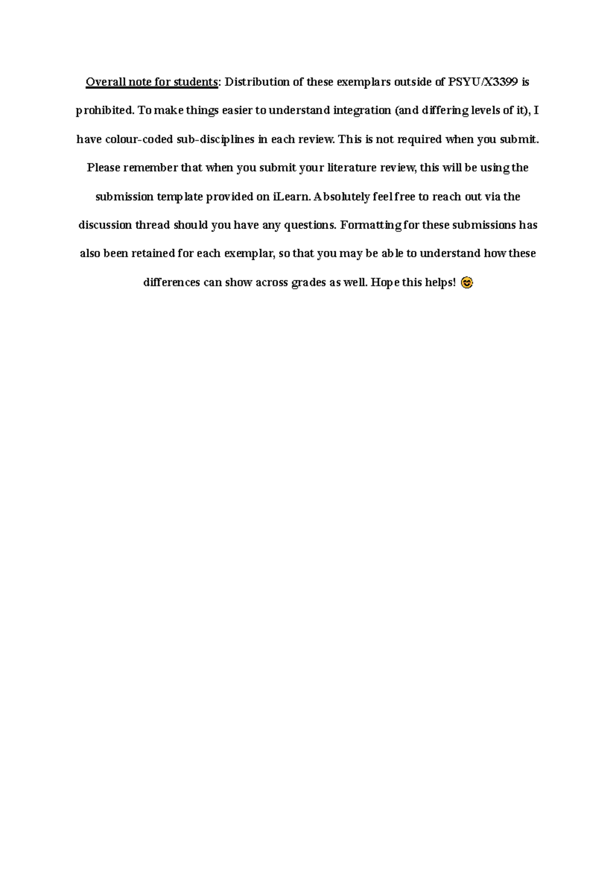 Literature review - exemplars - Overall note for students: Distribution ...