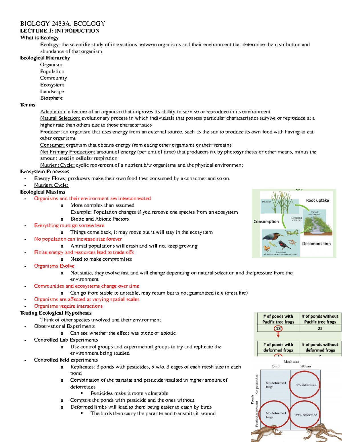 Ecology - Lecture notes 1-12 - LECTURE 1: INTRODUCTION What is Ecology ...