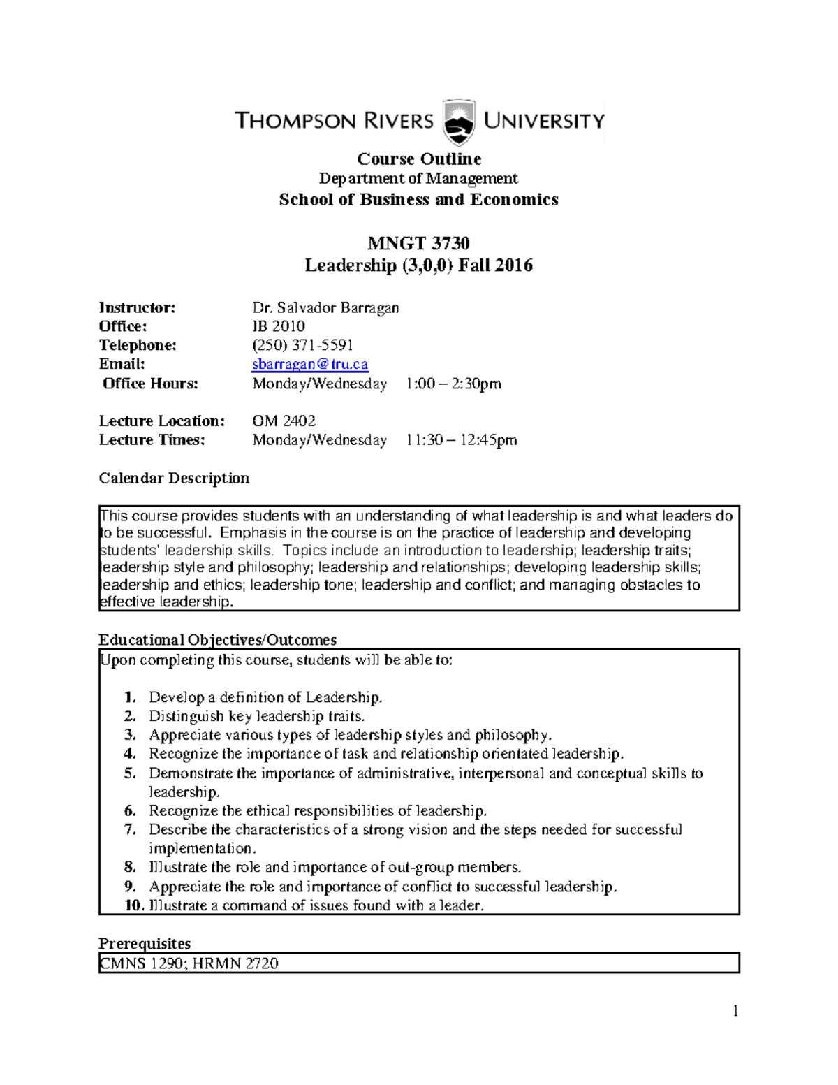 MNGT 3730 - Leadership Course Outline F 16 - Course Outline Department ...