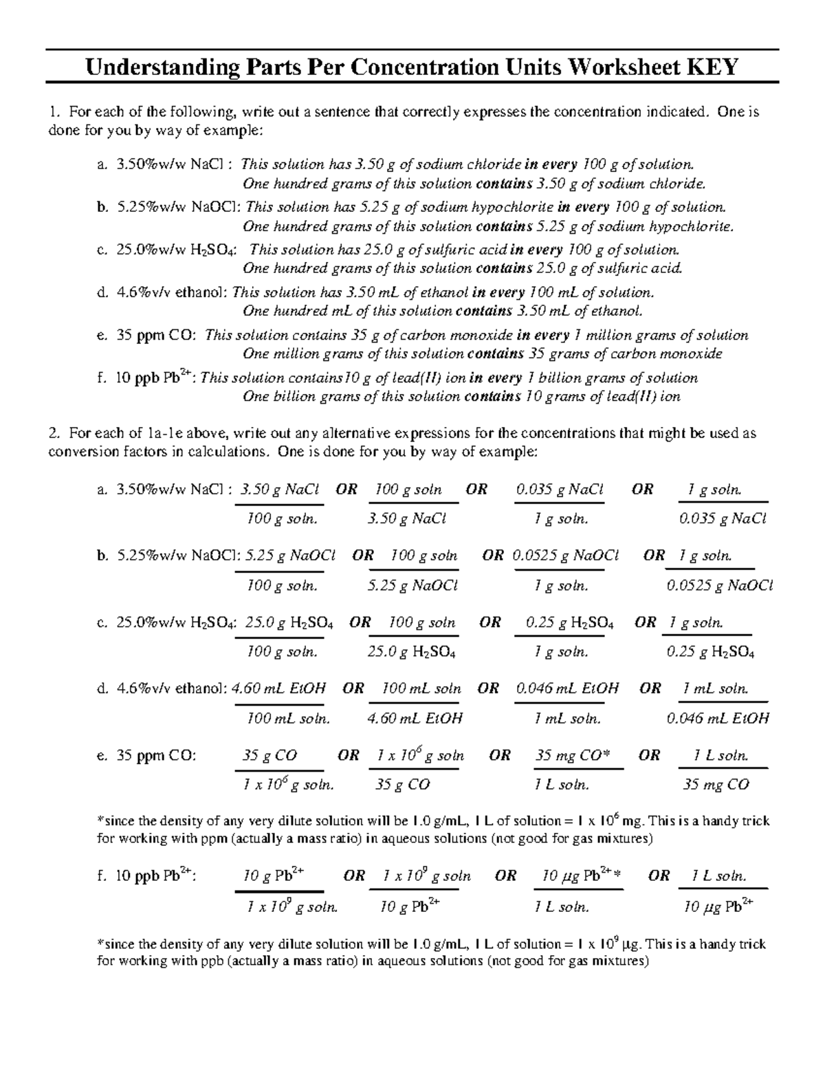 Parts Per Concentration Units KEY - Understanding Parts Per ...