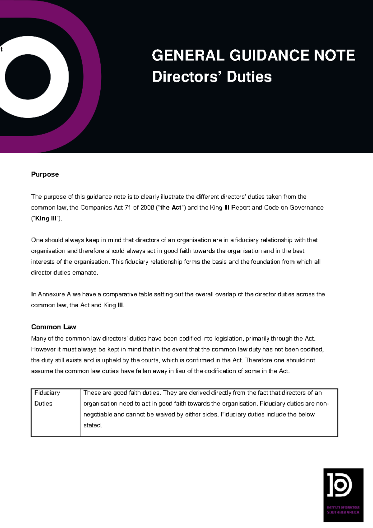 General Guidance Note on Directors' Duties - t Purpose The purpose of ...