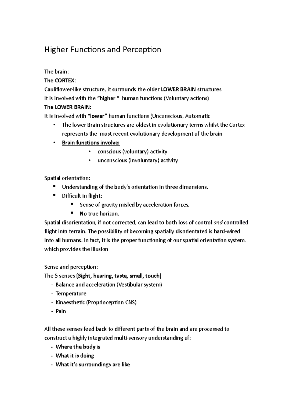 Higher Functions and Perception - Difficult in flight: Sense of gravity ...