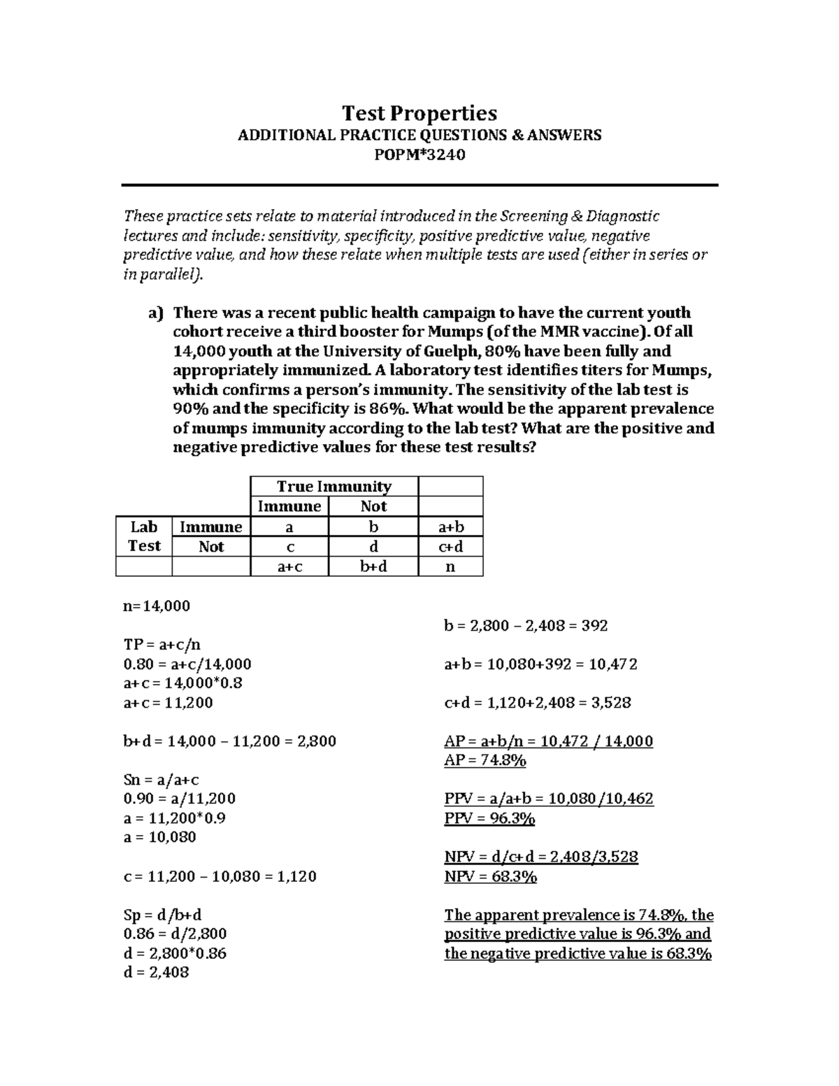 Practice Questions Screening and Diagnostic Tests Answers ...