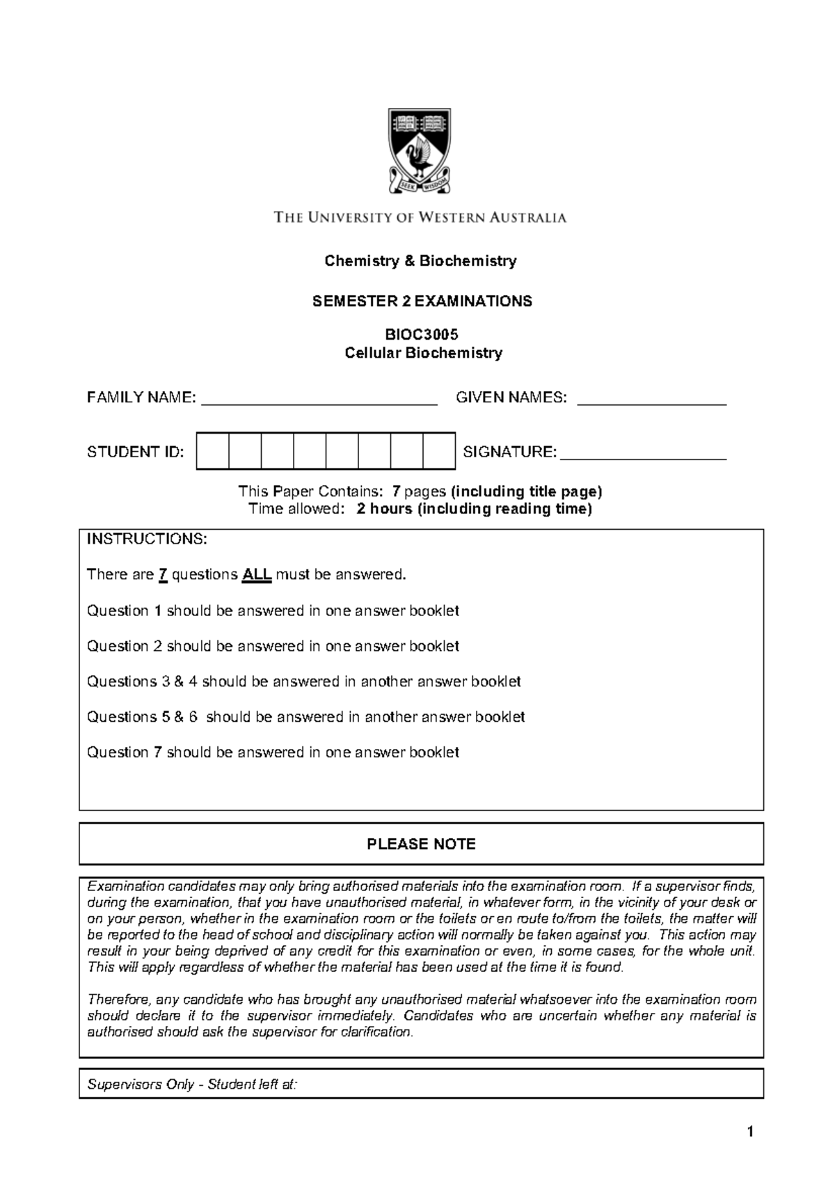Example Examination Paper - Chemistry & Biochemistry SEMESTER 2 ...