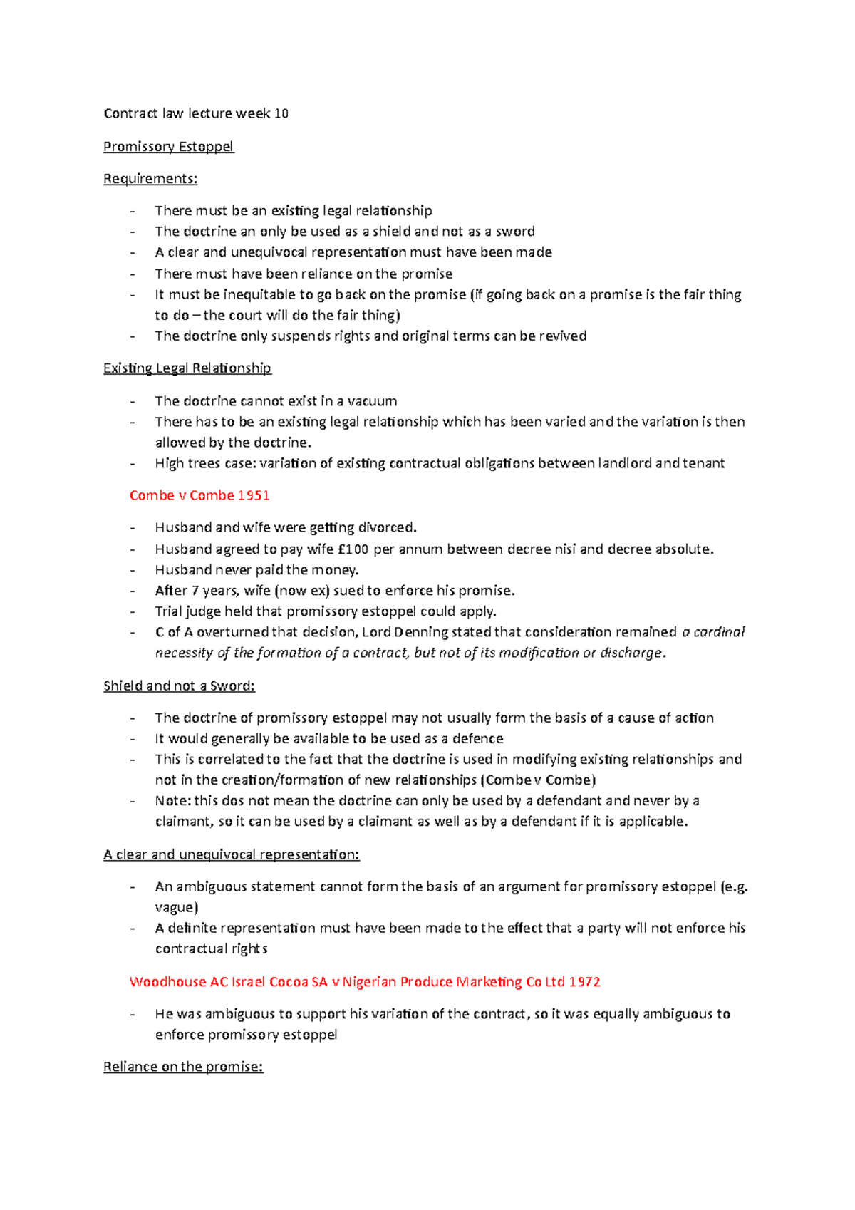 Contract law lecture week 10 - High trees case: variaion of exising ...