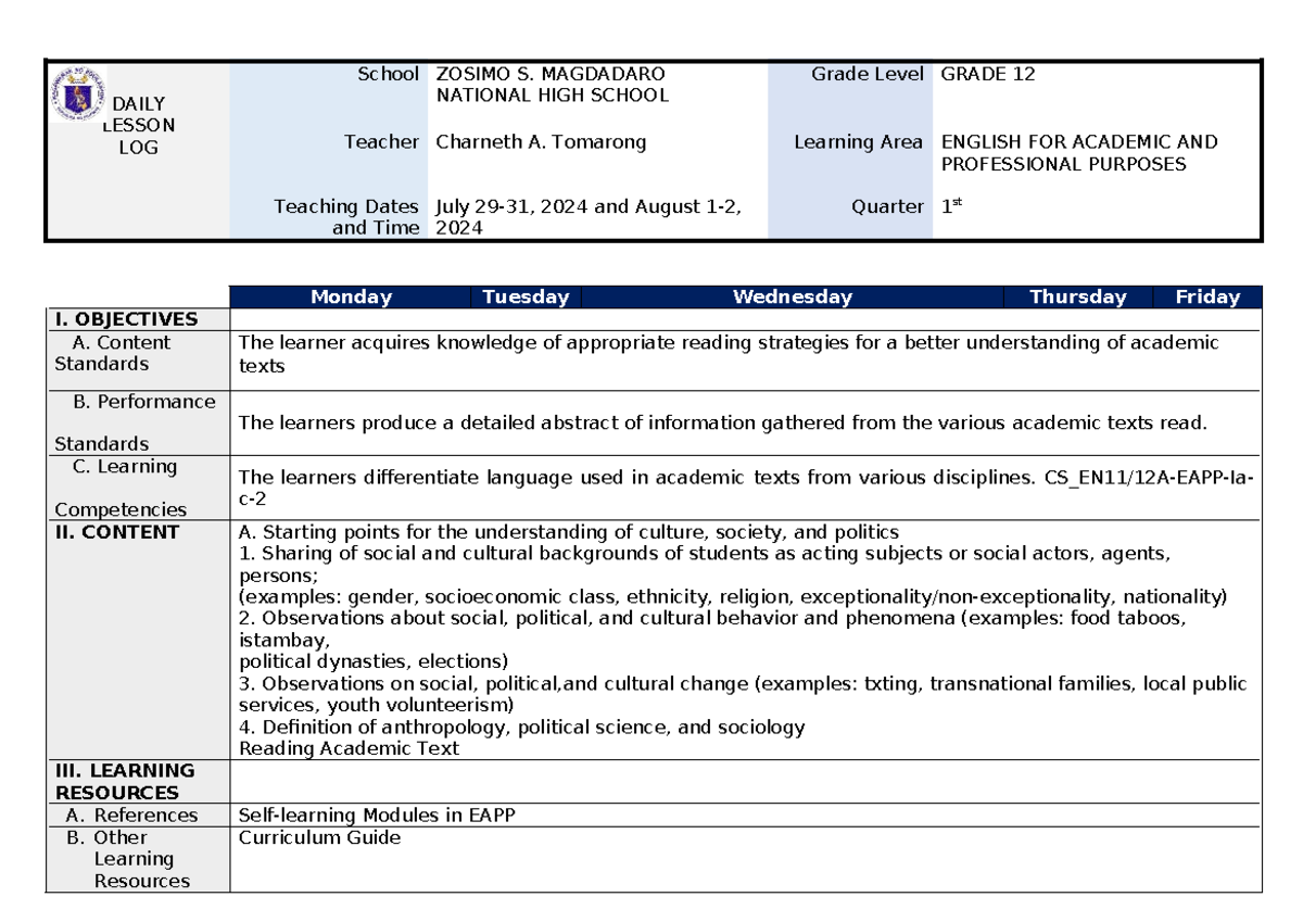 EAPP DLL - daily lesson log - DAILY LESSON LOG School ZOSIMO S ...