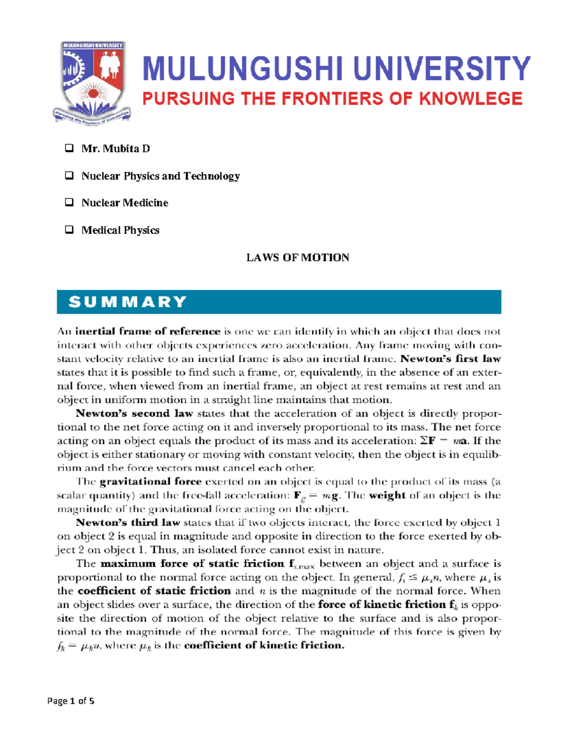 Sheet 6. LAWS OF Motion - Mr. Mubita D Nuclear Physics and Technology Nuclear Medicine - Studocu