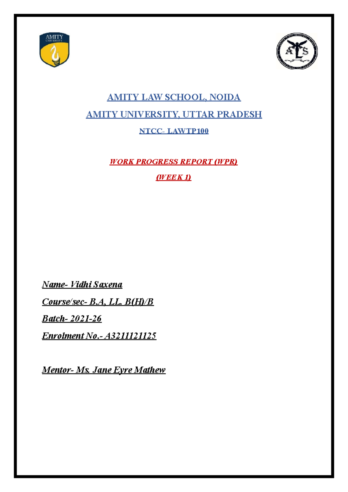 WPR WEEK-1 - AMITY LAW SCHOOL, NOIDA AMITY UNIVERSITY, UTTAR PRADESH ...