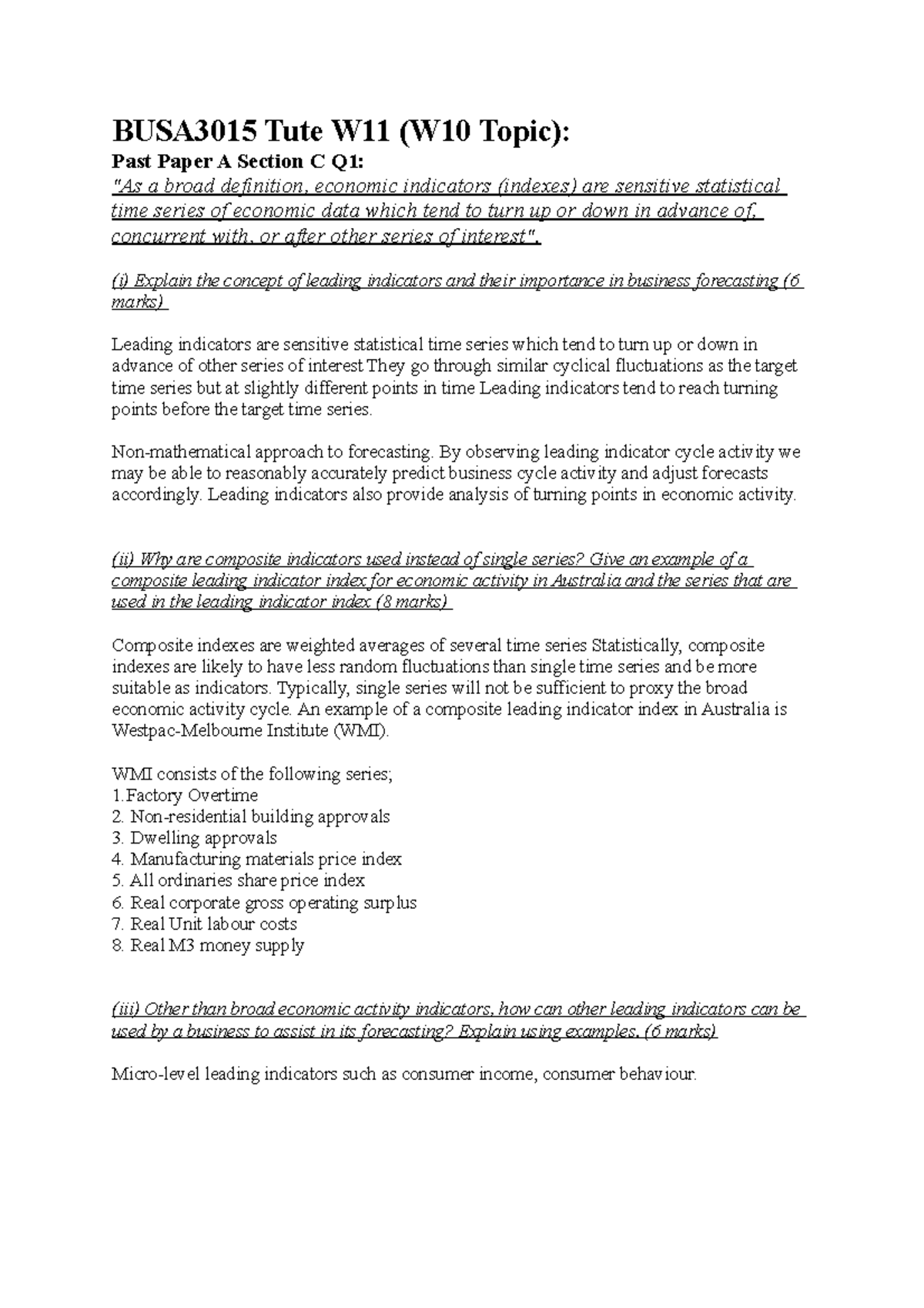 BUSA3015 Tutorial W11 - BUSA3015 Tute W11 (W10 Topic): Past Paper A Section C Q1: "As a broad ...