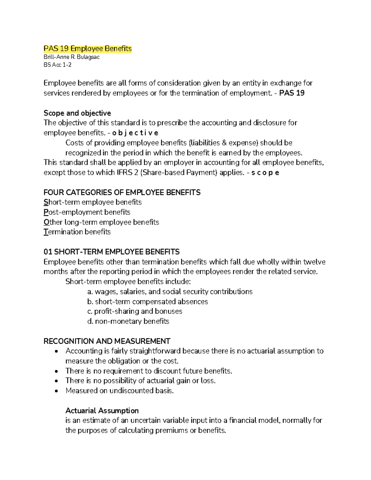 PAS 19 Employee Benefits handout - PAS 19 Employee Benefits Brill-Anne ...