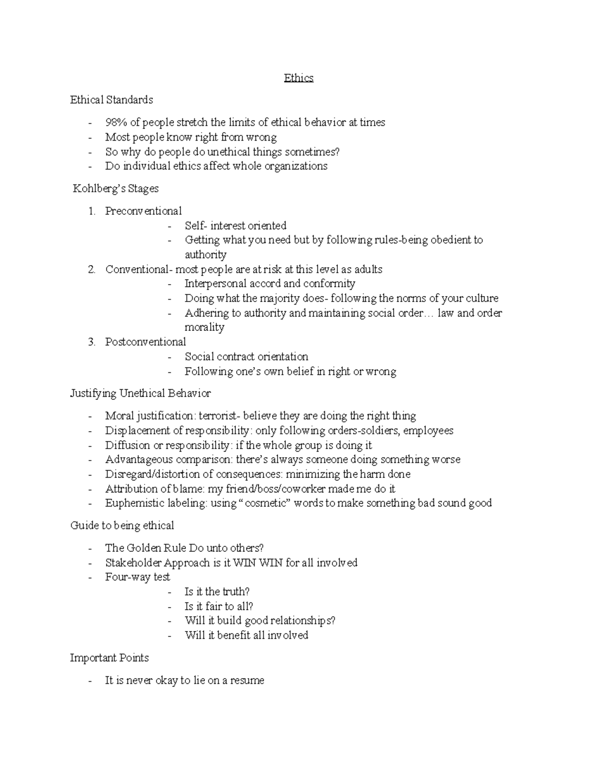 Ethics Notes - Ethics Ethical Standards 98% of people stretch the ...