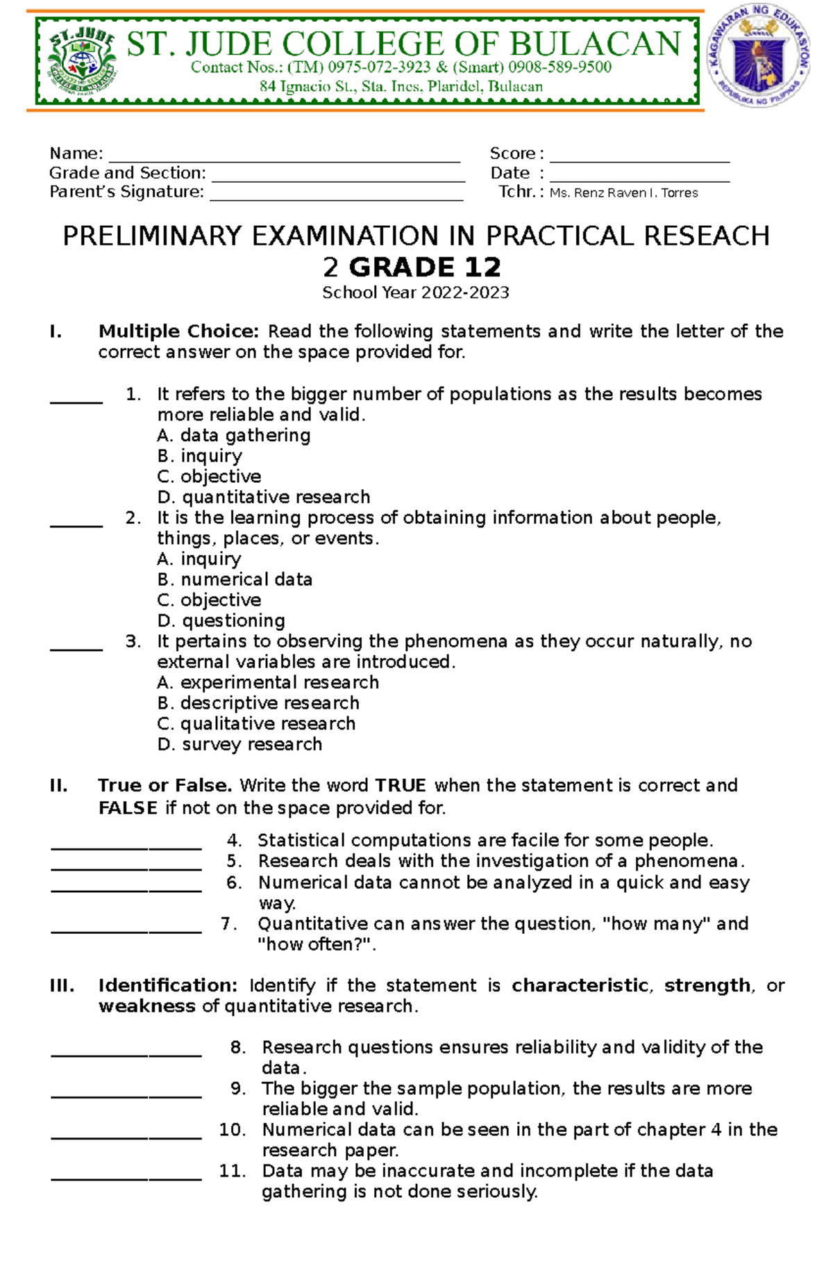 Practical Research 2 Preliminary Examination - Name
