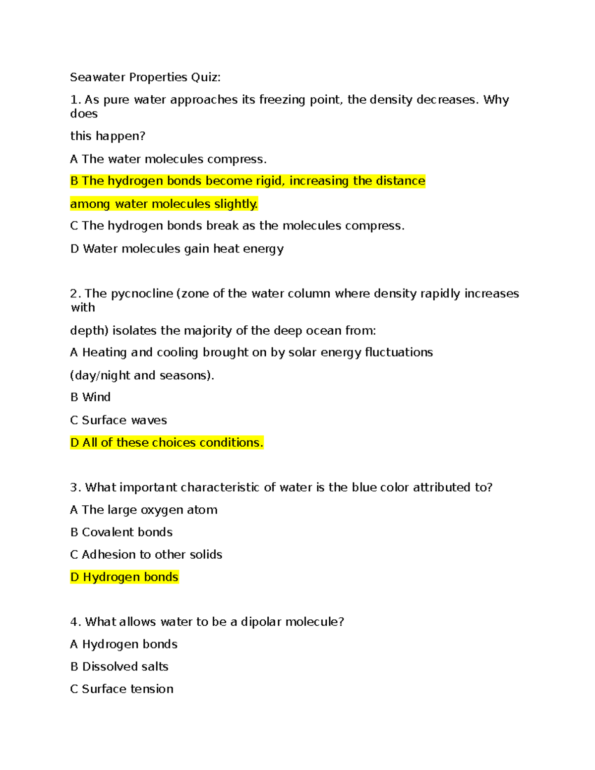 Seawater Properties Quiz - Seawater Properties Quiz: As pure water ...