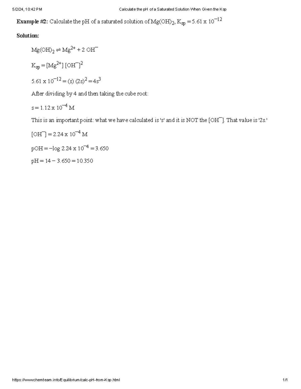 Calculate the p H of a Saturated Solution When Given the Ksp - Example ...
