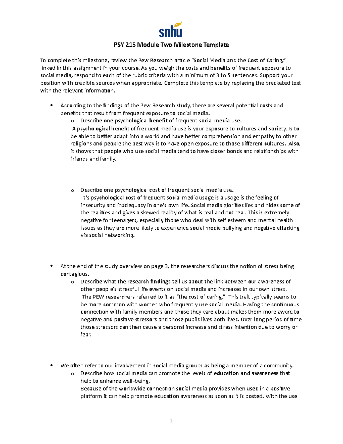 PSY 215 Module Two Milestone Template - As you weigh the costs and ...