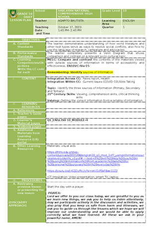 Lesson 1, Exposition - GR ADE 10 DAILY LESSON PLAN School SABLAYAN ...