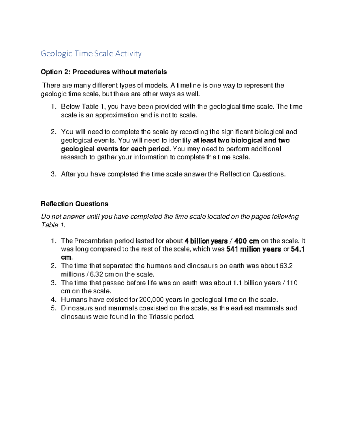 Geologic time scale activity - Geologic Time Scale Activity Option 2 ...