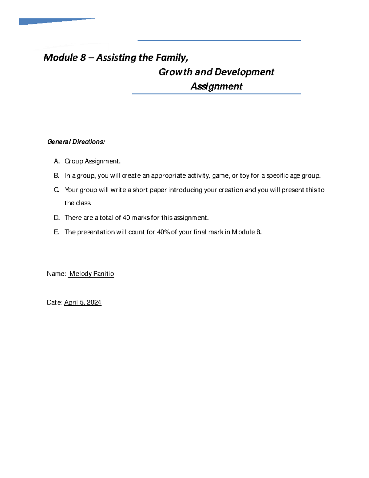 IV-9 Assigmt - Module 8 Assisting the Family - Module 8 – Assisting the ...